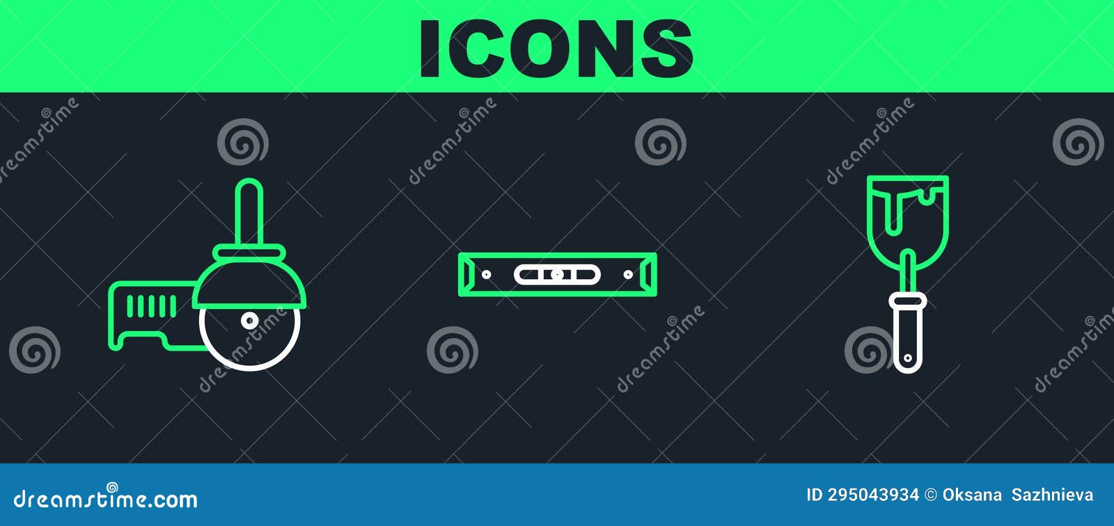 Set Line Putty Knife, Angle Grinder and Construction Bubble Level Icon ...