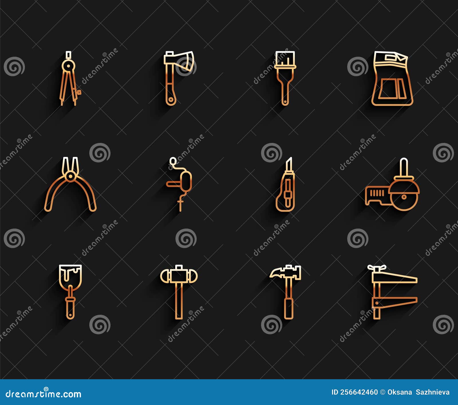 Set Line Putty Knife, Sledgehammer, Drawing Compass, Claw, Clamp Tool ...