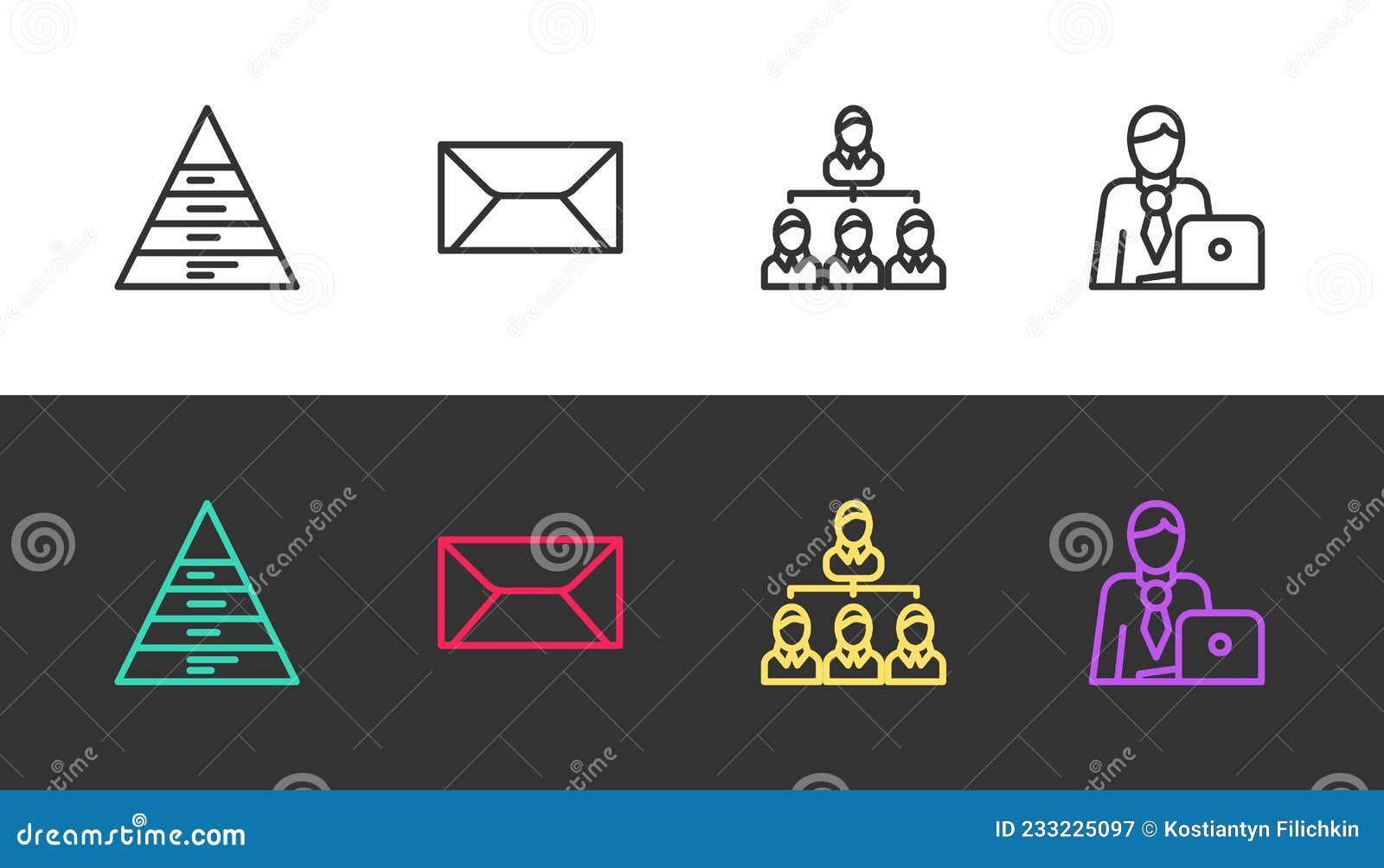 Set Line Pyramid Chart Infographics, Envelope, Hierarchy Organogram and ...