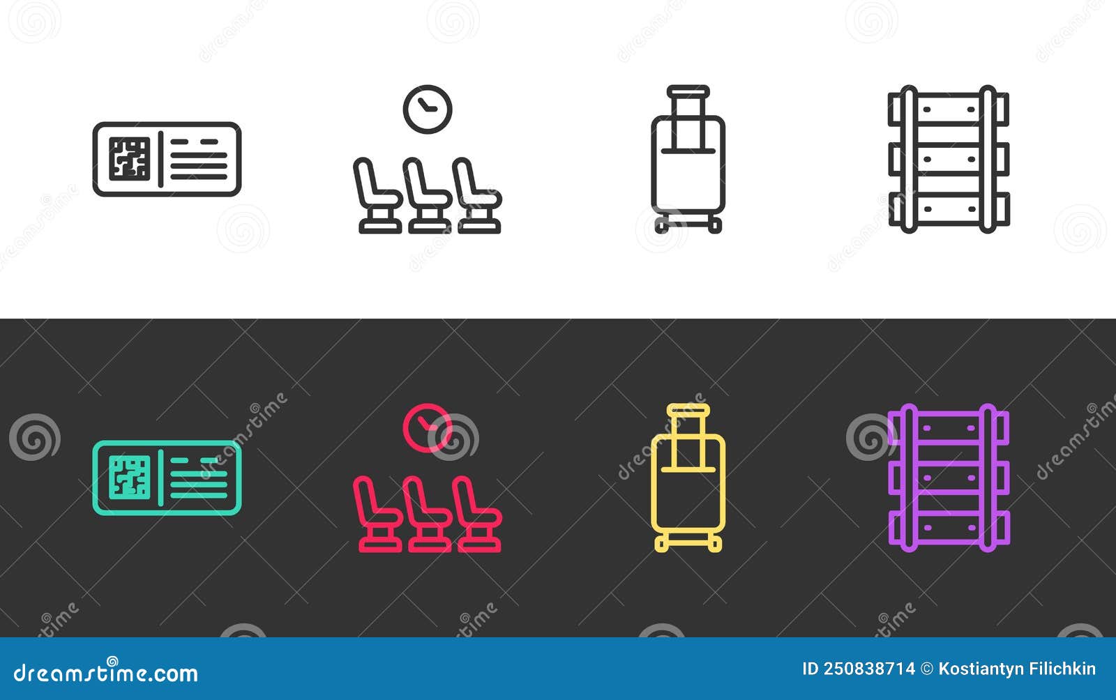 Set Line QR Code Ticket Train, Waiting Room, Suitcase and Railway ...
