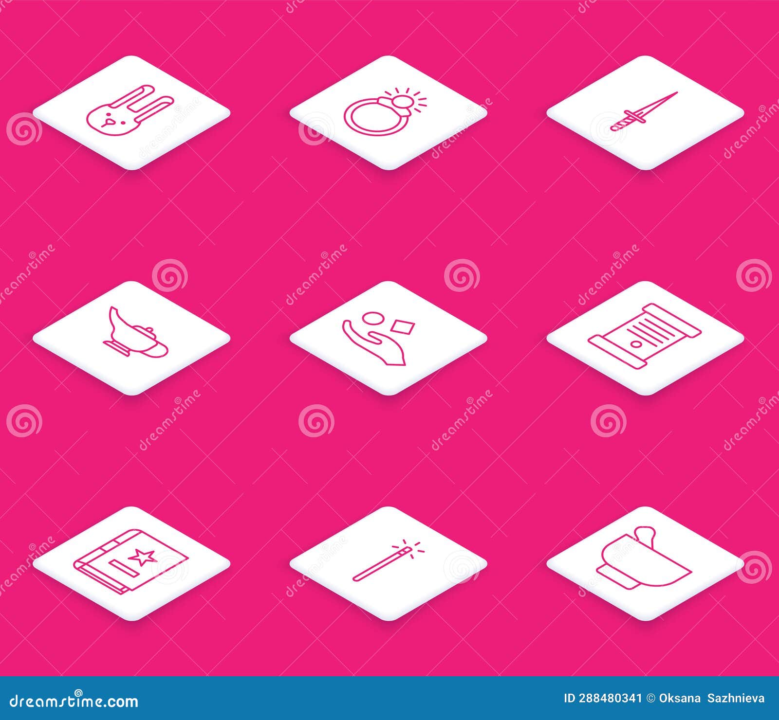 Set Line Rabbit with Ears, Magic Stone Ring Gem, Dagger, Lamp or ...