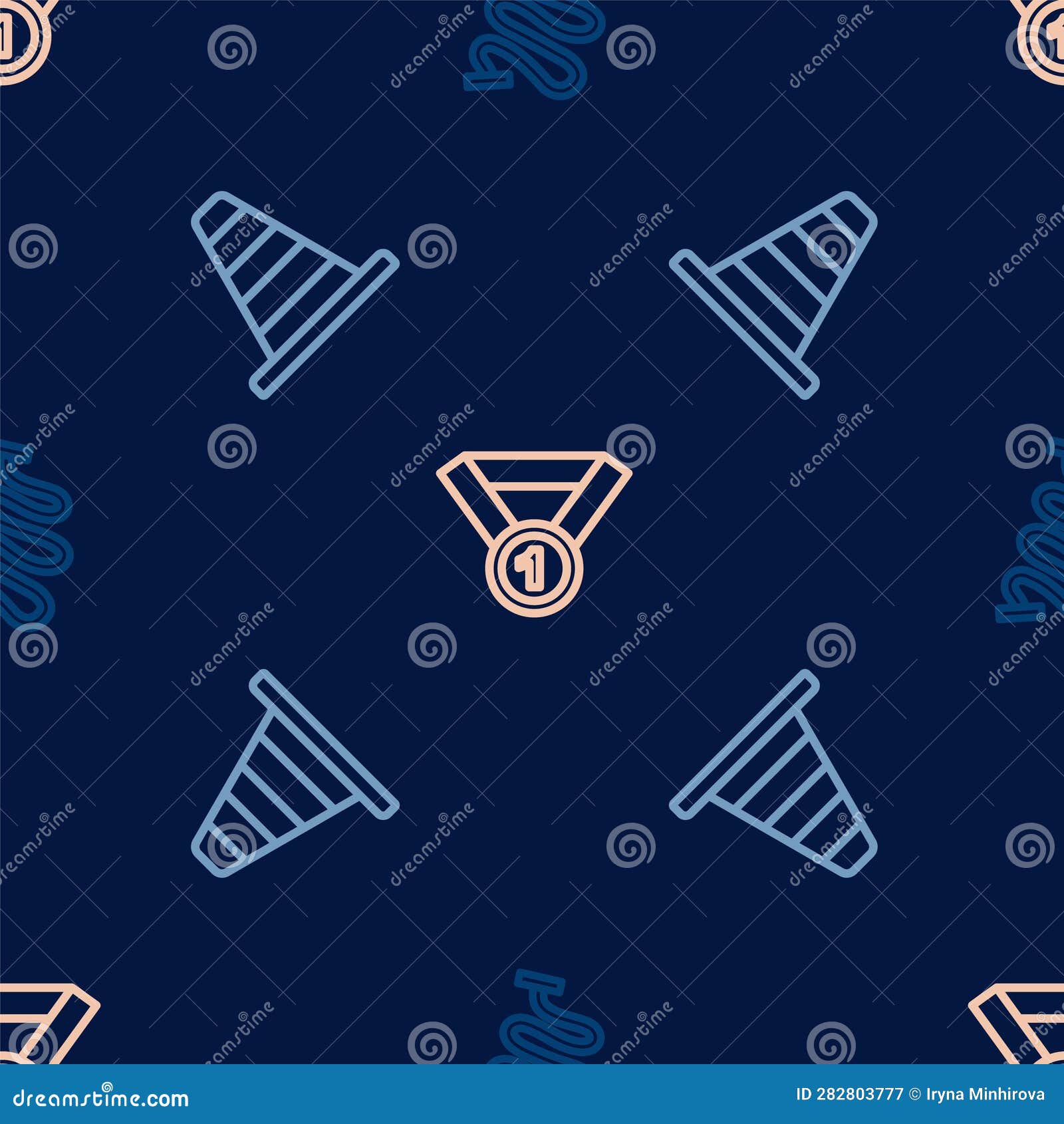 Set Line Racing Track, Traffic Cone and Medal on Seamless Pattern ...