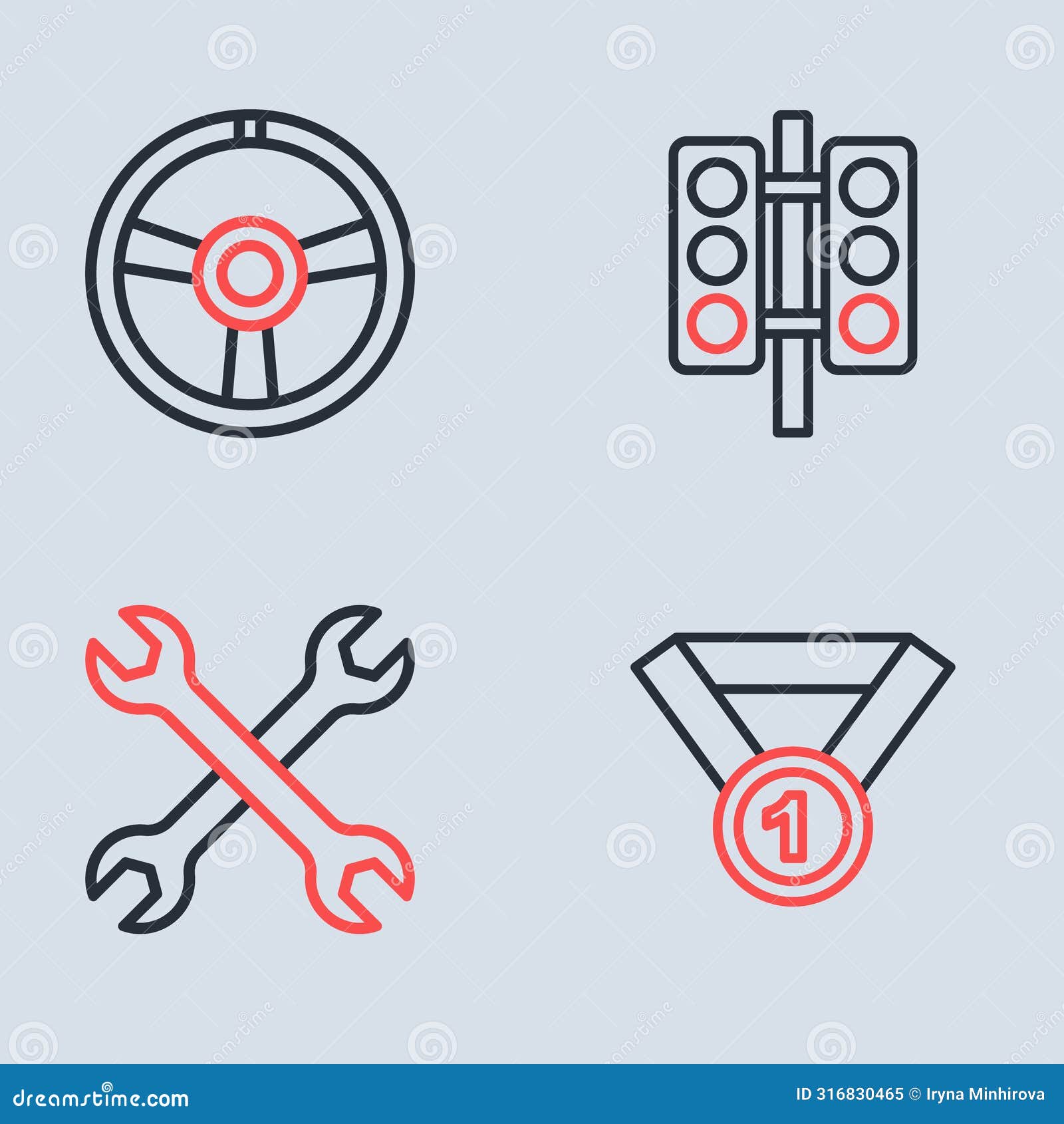 Set Line Racing Traffic Light, Wrench Spanner, Medal and Steering Wheel ...