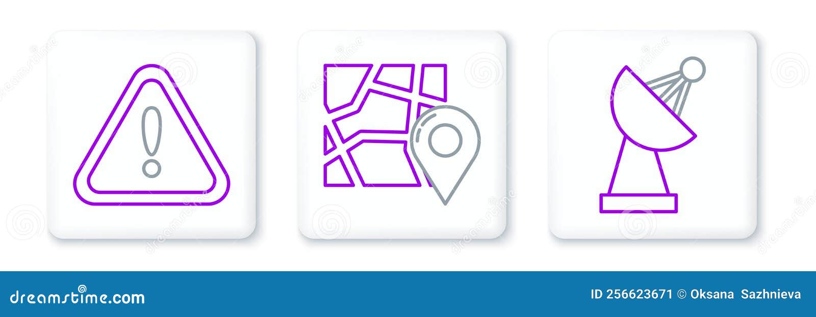 Set Line Radar, Exclamation Mark in Triangle and Folded Map with ...