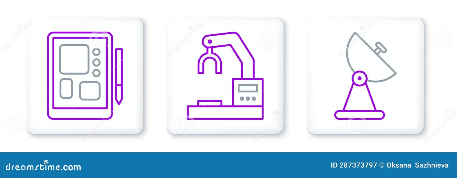 Set Line Radar, Graphic Tablet and Robotic Robot Arm Hand Factory Icon ...