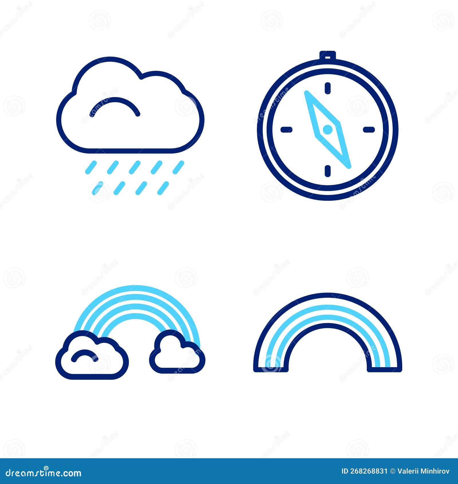 Set Line Rainbow, with Clouds, Compass and Cloud Rain Icon. Vector ...