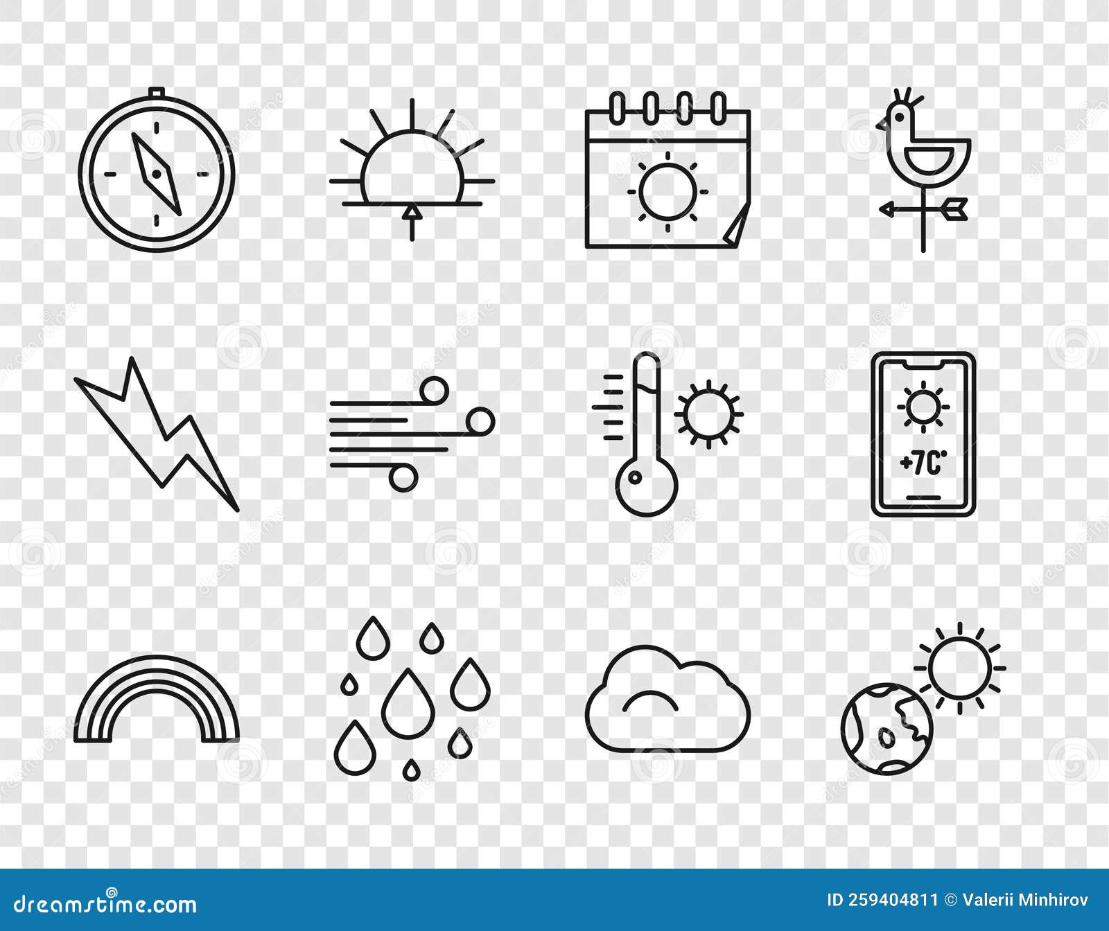 Set Line Rainbow, Earth Globe and Sun, Calendar, Water Drop, Compass ...
