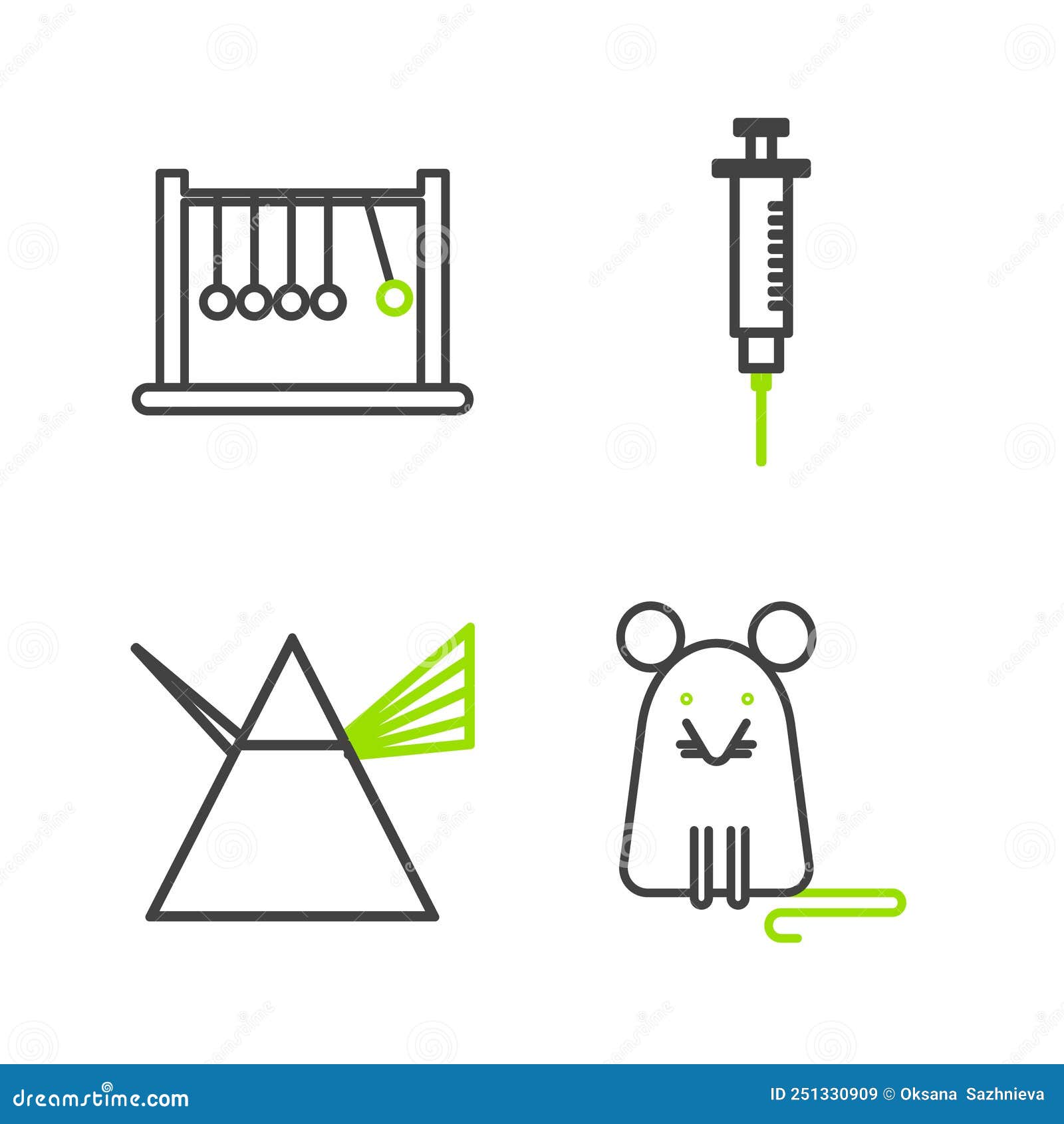 Set Line Rat, Light Rays in Prism, Syringe and Pendulum Icon. Vector ...