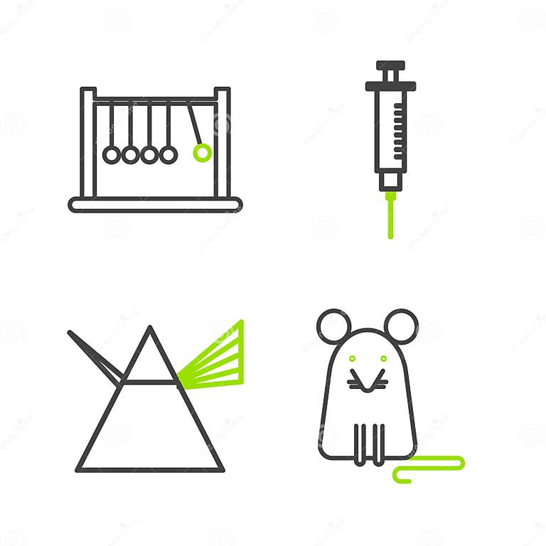 Set Line Rat, Light Rays in Prism, Syringe and Pendulum Icon. Vector ...
