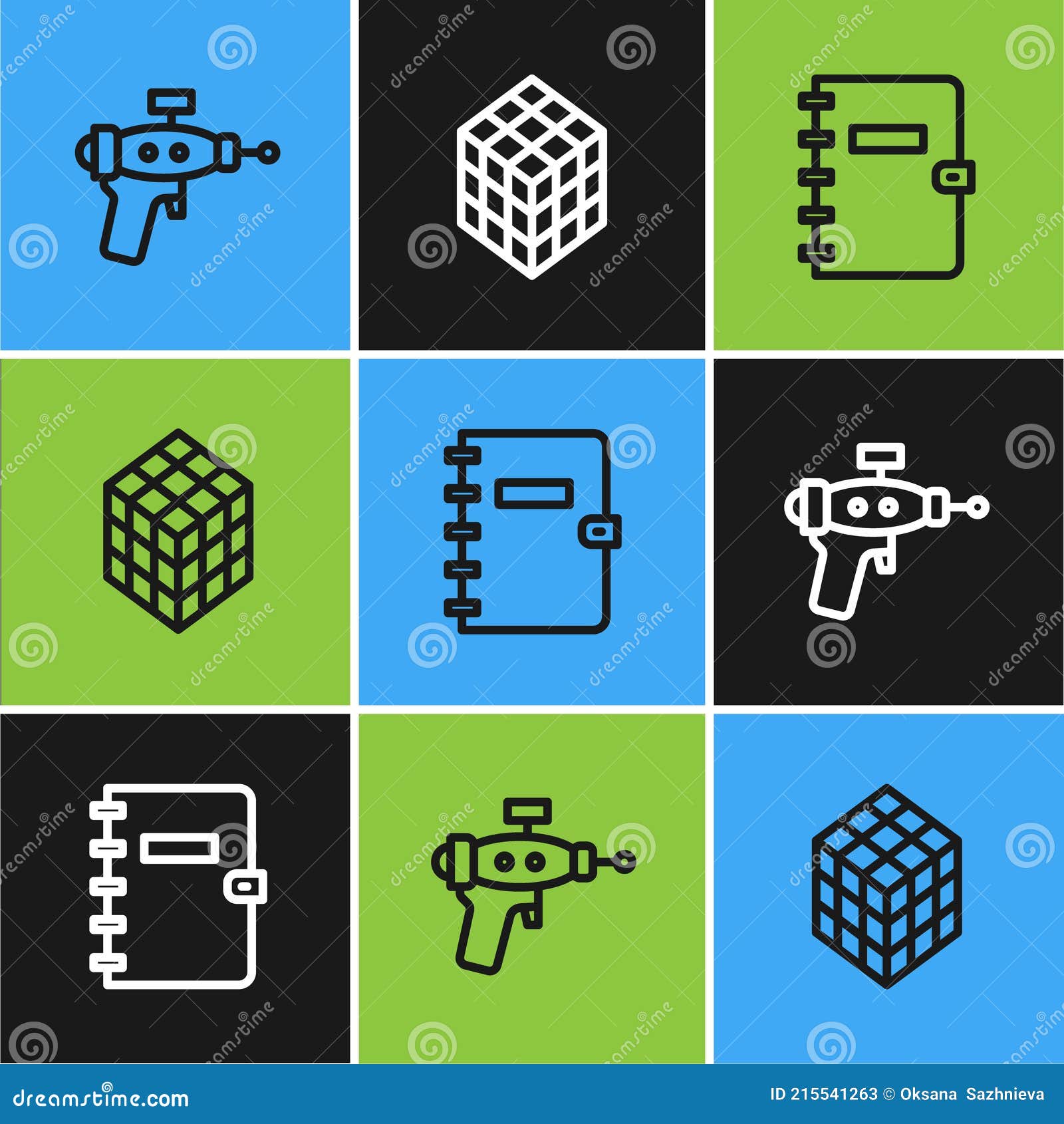 Set Line Ray Gun, Spiral Notebook and Rubik Cube Icon. Vector Stock ...