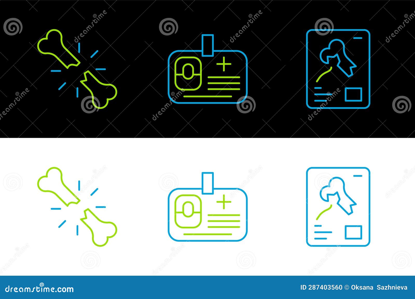 Set Line X-ray Shots, Human Broken Bone and Identification Badge Icon ...