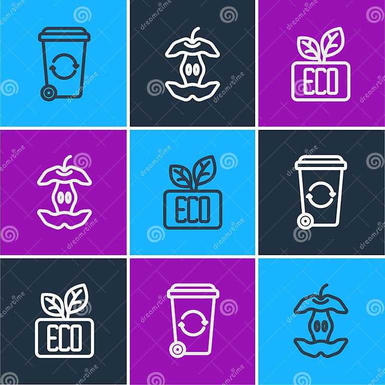 Set Line Recycle Bin, Leaf Eco Symbol and Apple Core Icon. Vector Stock ...