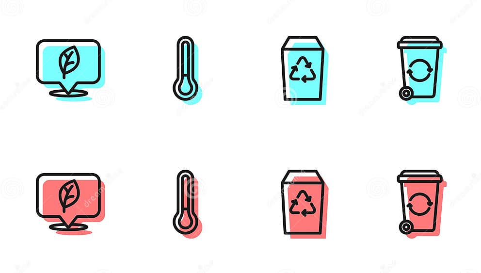 Set Line Recycle Bin, Location with Leaf, Thermometer and Icon. Vector ...