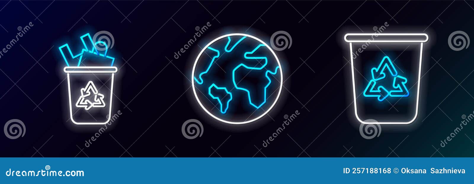 Set Line Recycle Bin with Recycle Symbol, and Earth Globe Icon. Glowing ...