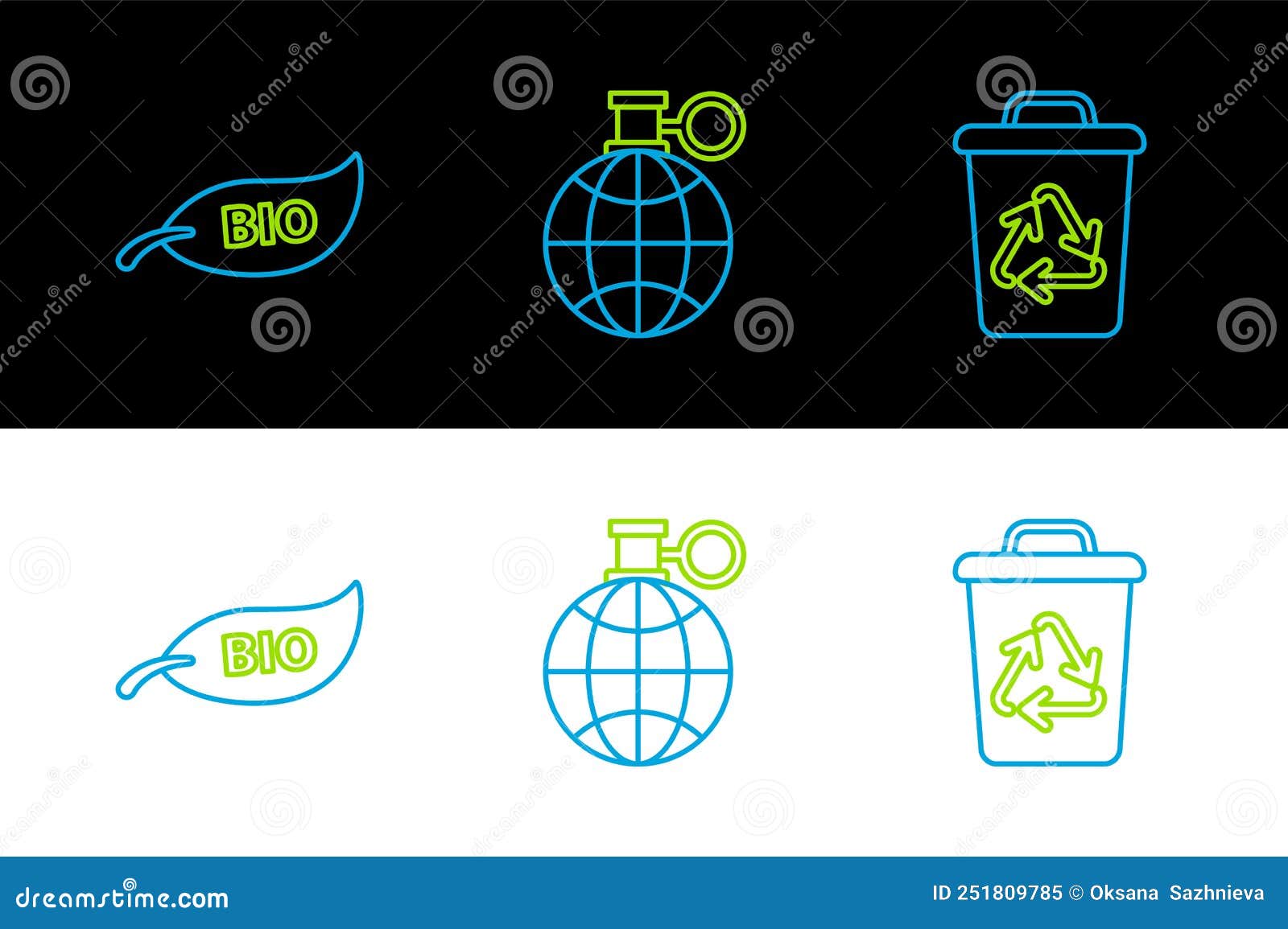Set Line Recycle Bin with Recycle Symbol, Leaf Bio and Planet Earth and ...
