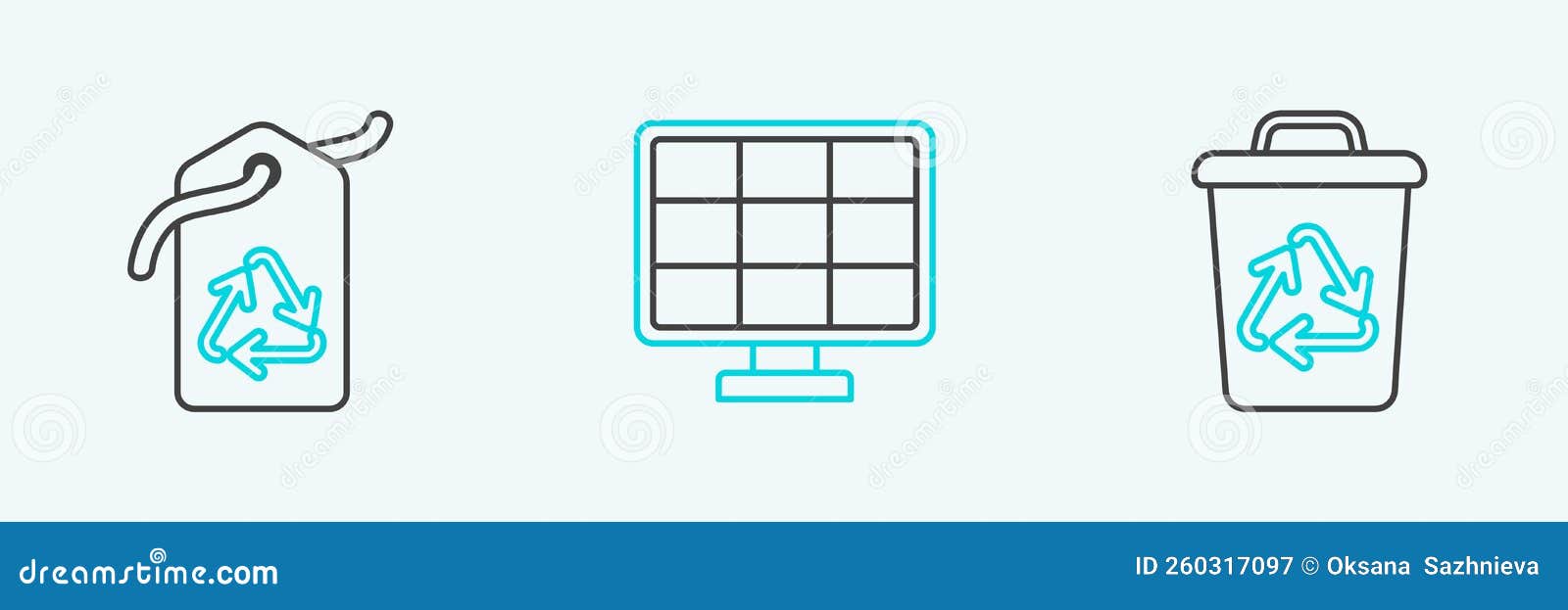 Set Line Recycle Bin with Recycle Symbol, Tag and Solar Energy Panel ...