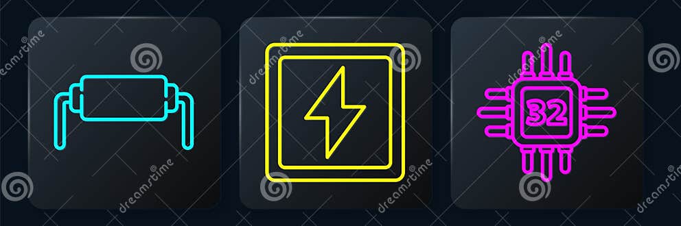 Set Line Resistor Electricity, Processor with Microcircuits CPU and Lightning Bolt. Black Square ...
