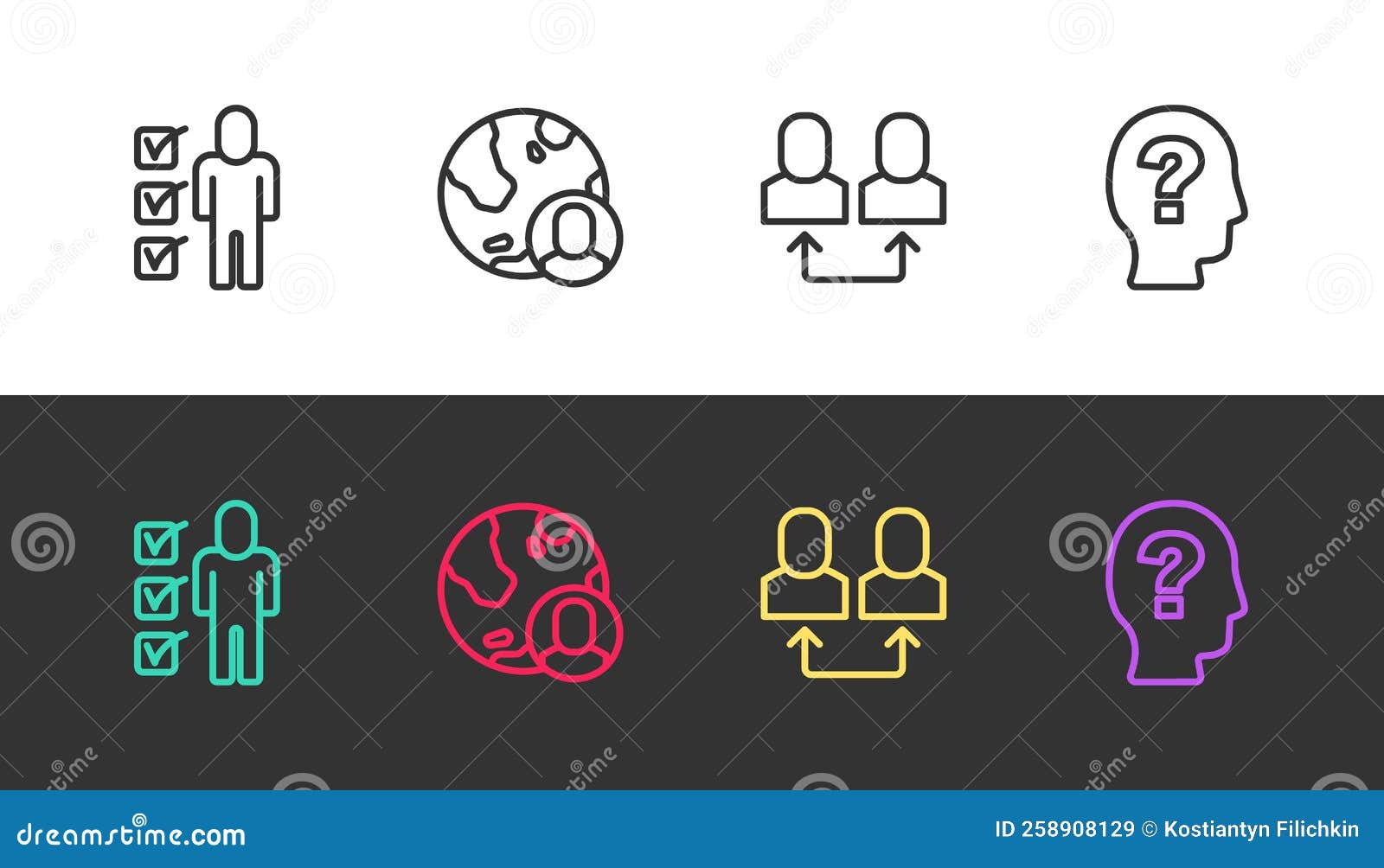 Set Line Resume, Globe and People, Exchange Work and Worker on Black ...