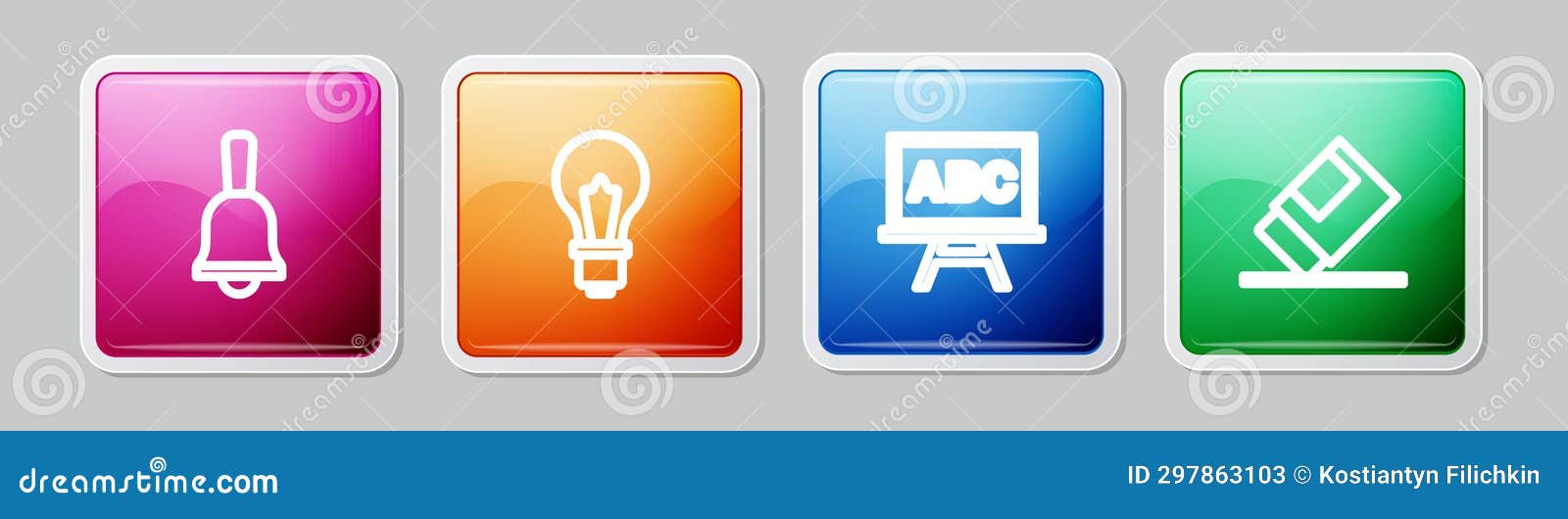 Set Line Ringing Bell, Light Bulb with Idea, Chalkboard and Eraser or ...