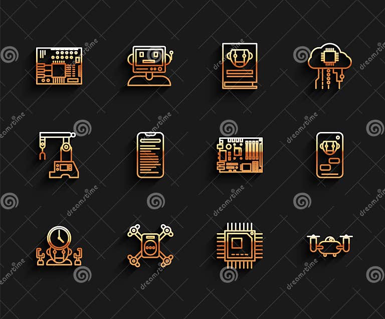 Set Line Robot And Digital Time Manager Printed Circuit Board Pcb Processor Microcircuits Cpu