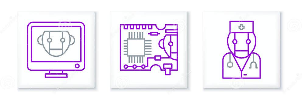 Set Line Robot Doctor, Bot and Printed Circuit Board PCB Icon. Vector ...