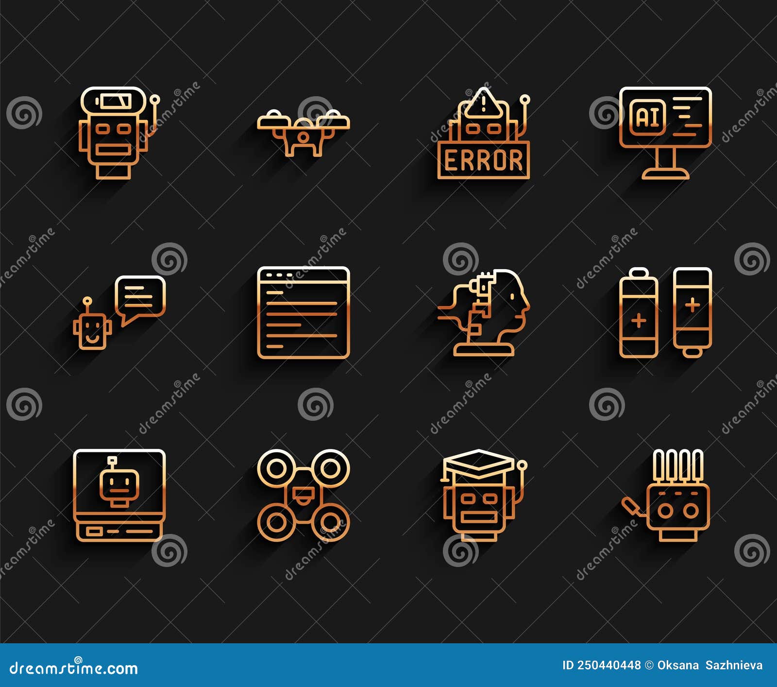 Set Line Robot, Drone, Low Battery Charge, Mechanical Robot Hand, Computer Api Interface ...