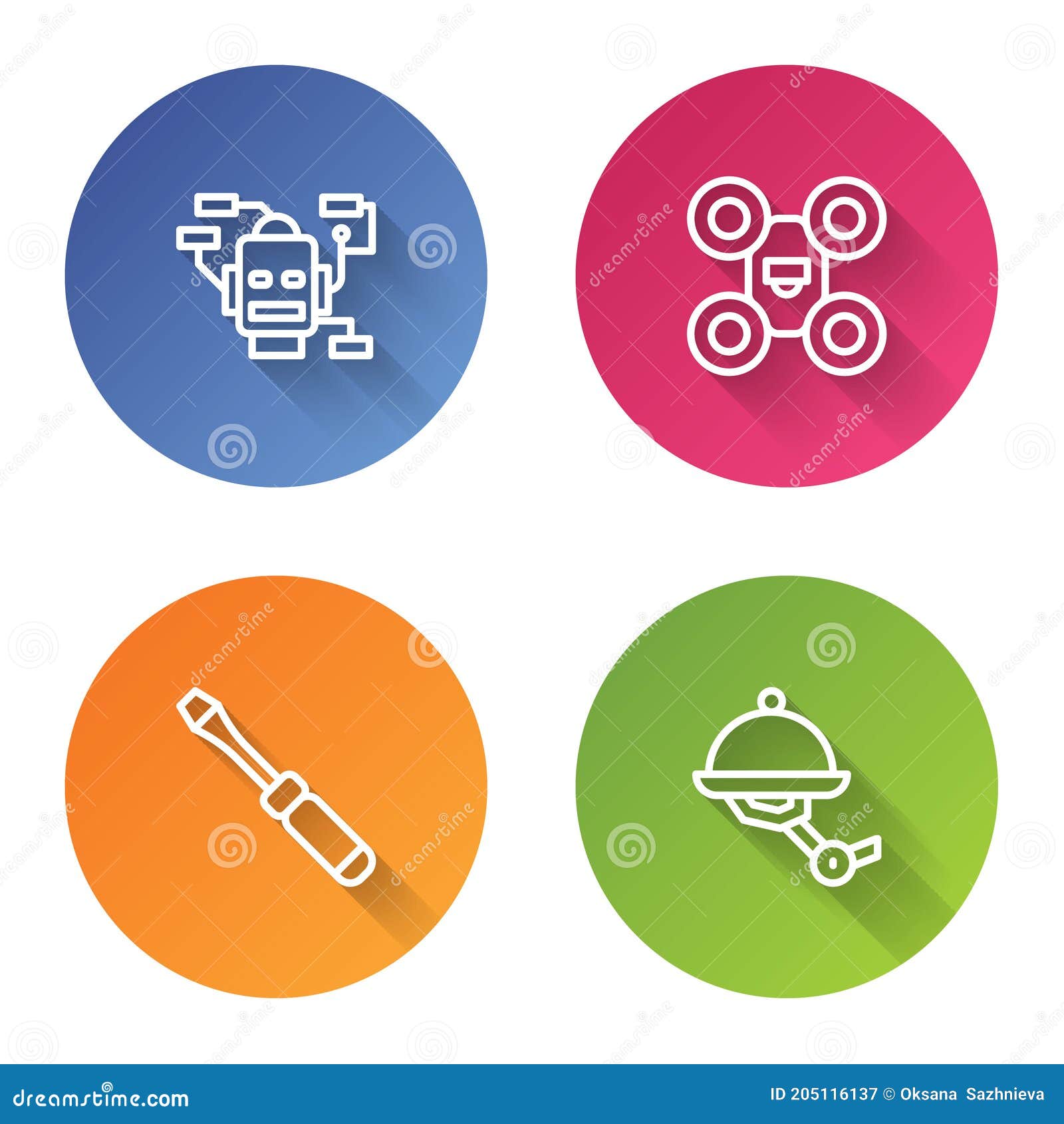 Set Line Robot, Drone, Screwdriver and Waiter Robot. Color Circle ... Set Line Robot, Drone, Screwdriver and Waiter Robot. Color Circle ...