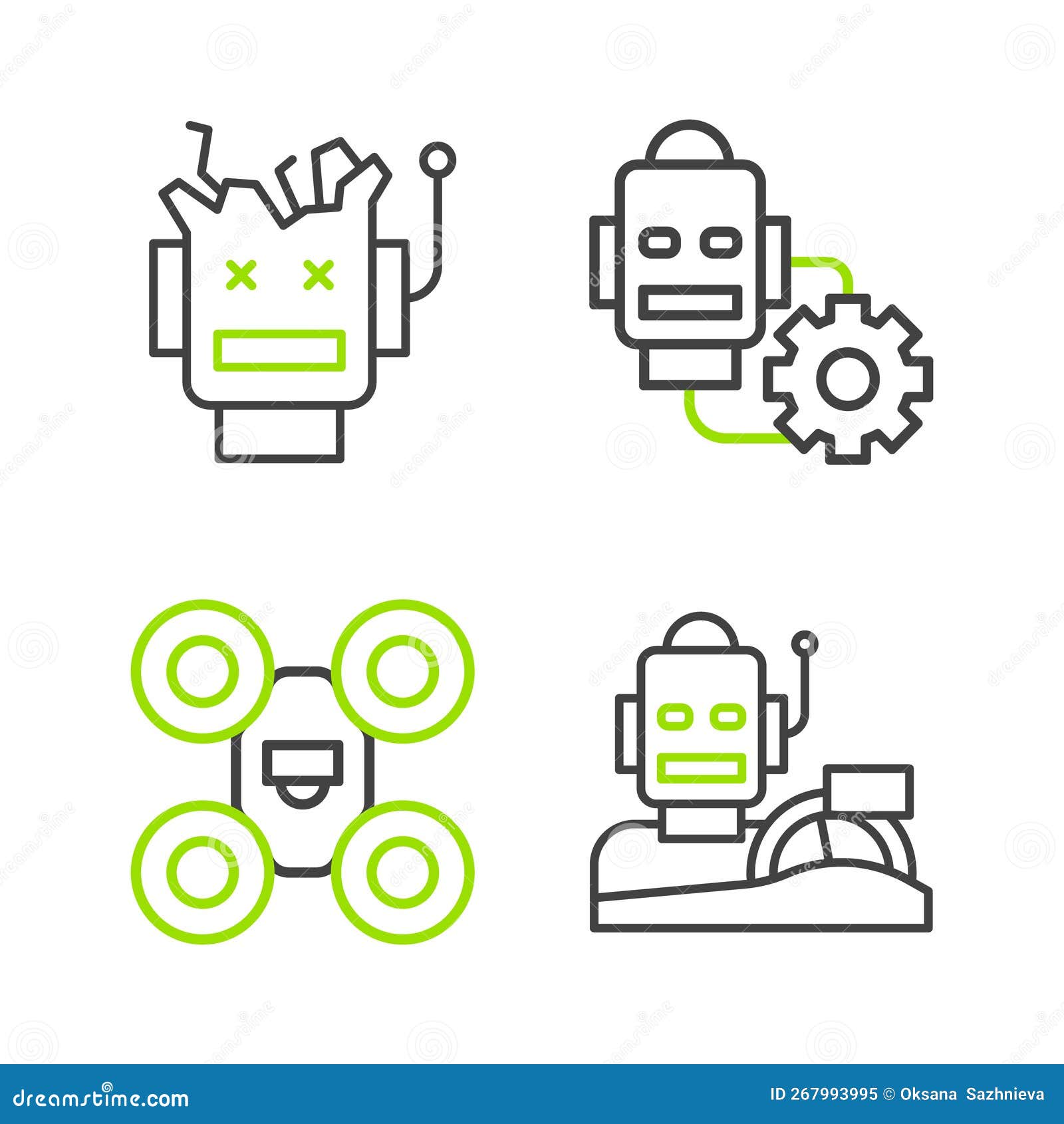 Set Line Robot Humanoid Driving a Car, Drone, Setting and Broken Robot ...
