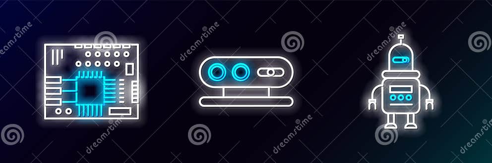 Set Line Robot, Printed Circuit Board PCB and 3d Scanning System Icon ...