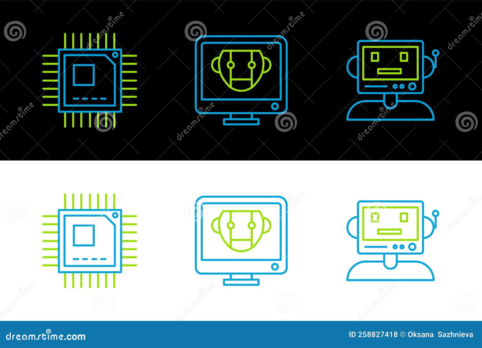 Set Line Robot Processor With Microcircuits Cpu And Bot Icon Vector