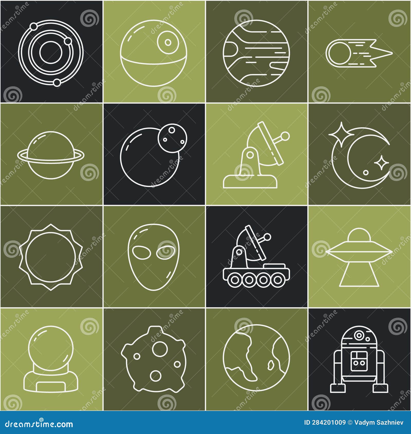 Set Line Robot, UFO Flying Spaceship, Moon and Stars, Planet, Saturn ... Set Line Robot, UFO Flying Spaceship, Moon and Stars, Planet, Saturn ...