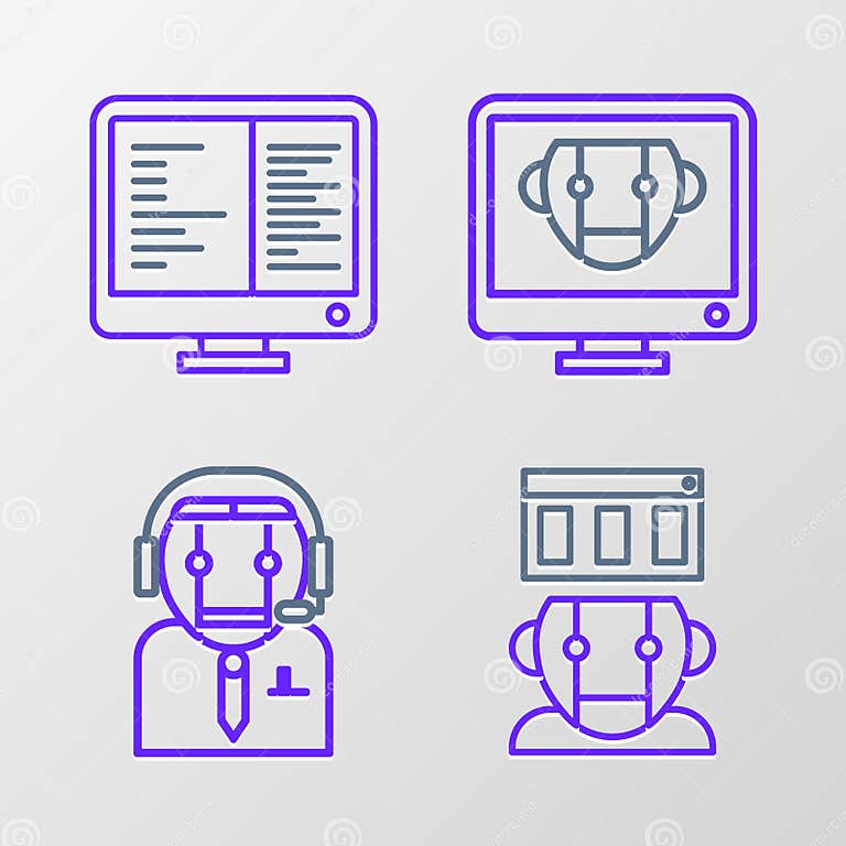Set Line Robot Worker Robot Bot And Computer Monitor Screen Icon Vector Stock Illustration