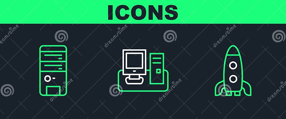 Set Line Rocket Ship, Computer and Monitor with Keyboard Icon. Vector ...