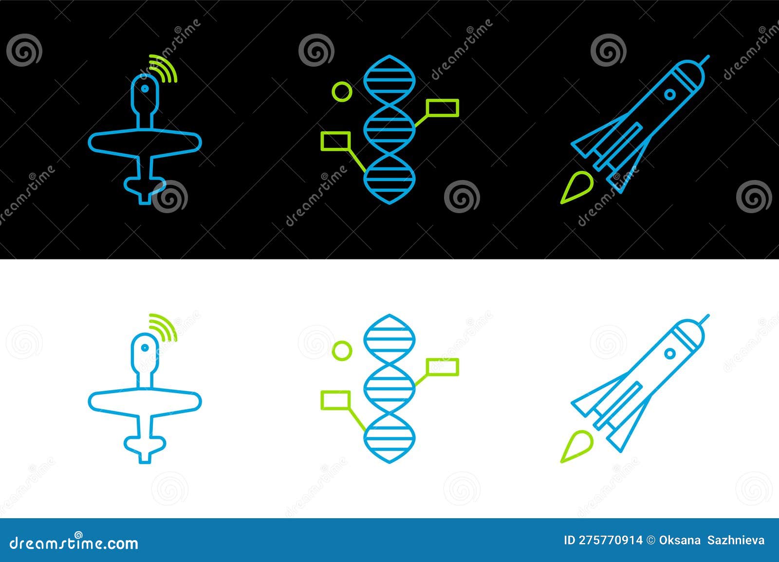 Set Line Rocket Ship with Fire, UAV Drone and DNA Symbol Icon. Vector ... Set Line Rocket Ship with Fire, UAV Drone and DNA Symbol Icon. Vector ...