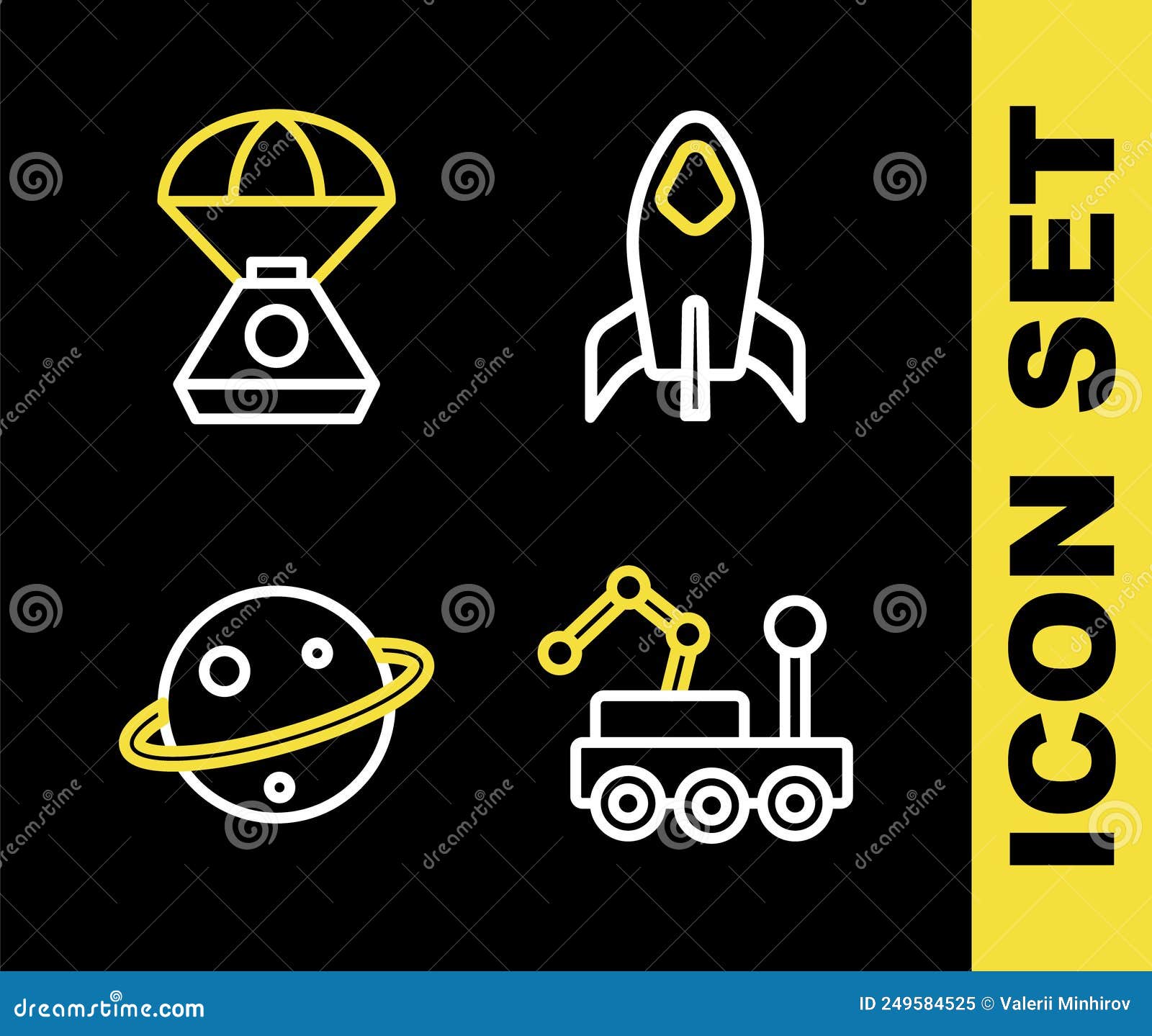 Set Line Rocket Ship, Mars Rover, Planet Saturn and Space Capsule Icon ...