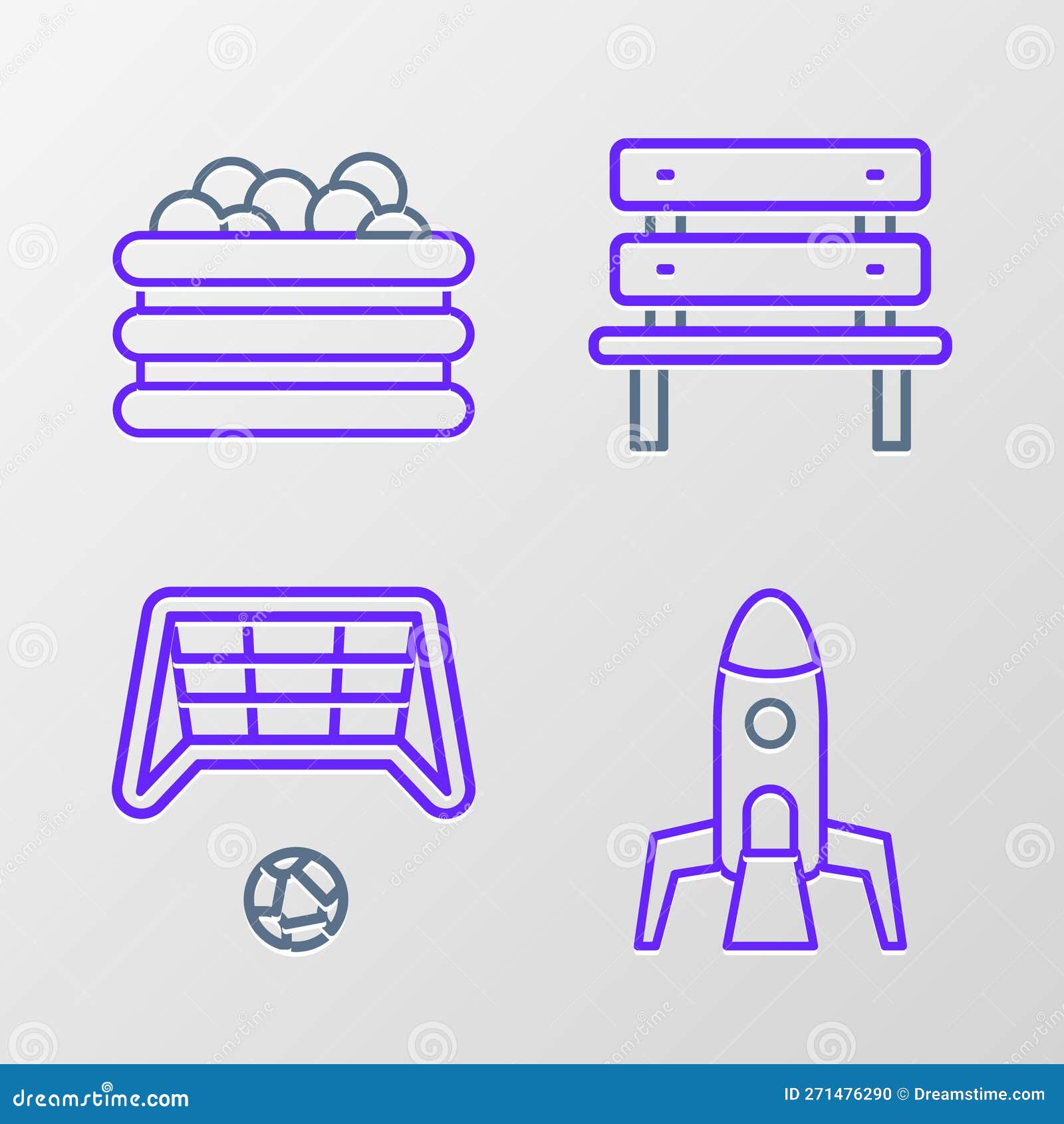 Set Line Rocket Ship, Soccer Goal with Ball, Bench and Pool Balls Icon ...