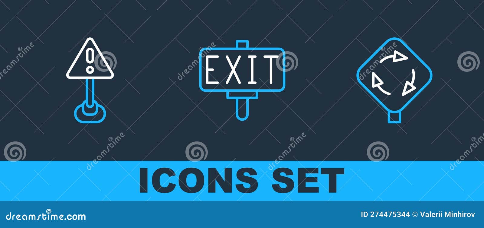 Set Line Roundabout Traffic Sign, Exclamation Mark in Triangle and Fire ...