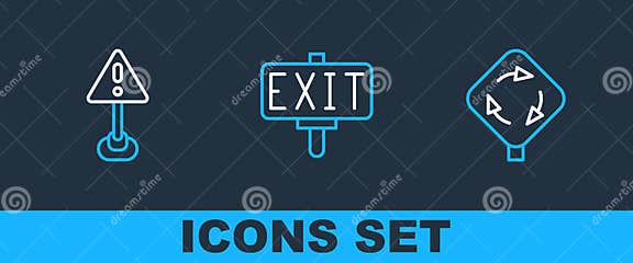 Set Line Roundabout Traffic Sign, Exclamation Mark in Triangle and Fire ...