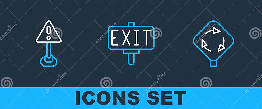 Set Line Roundabout Traffic Sign, Exclamation Mark in Triangle and Fire ...