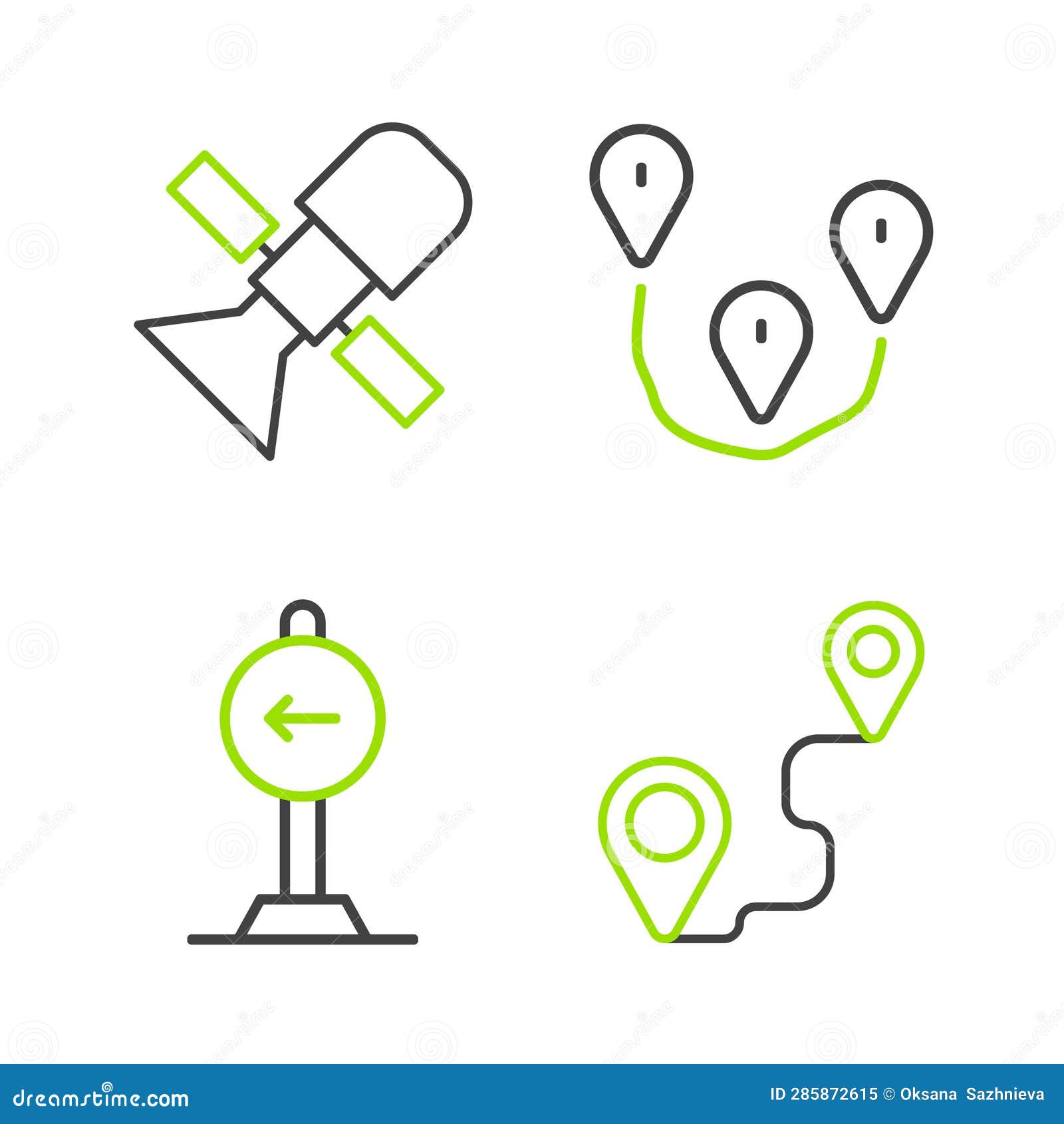 Set Line Route Location, Traffic Sign Turn Left, and Satellite Icon ...