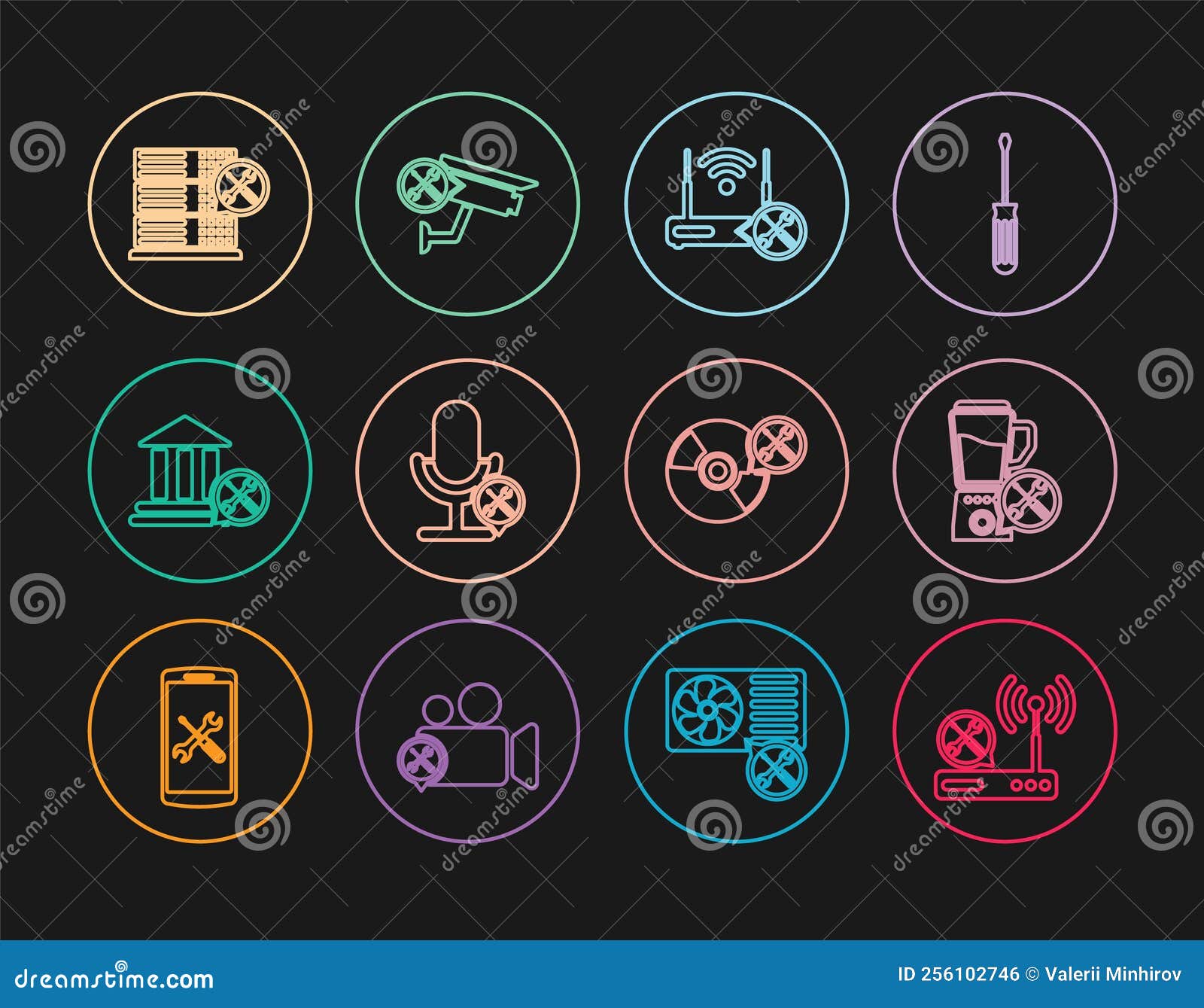 Set Line Router Wi-fi Service, Blender, with, Microphone, Bank Building ...