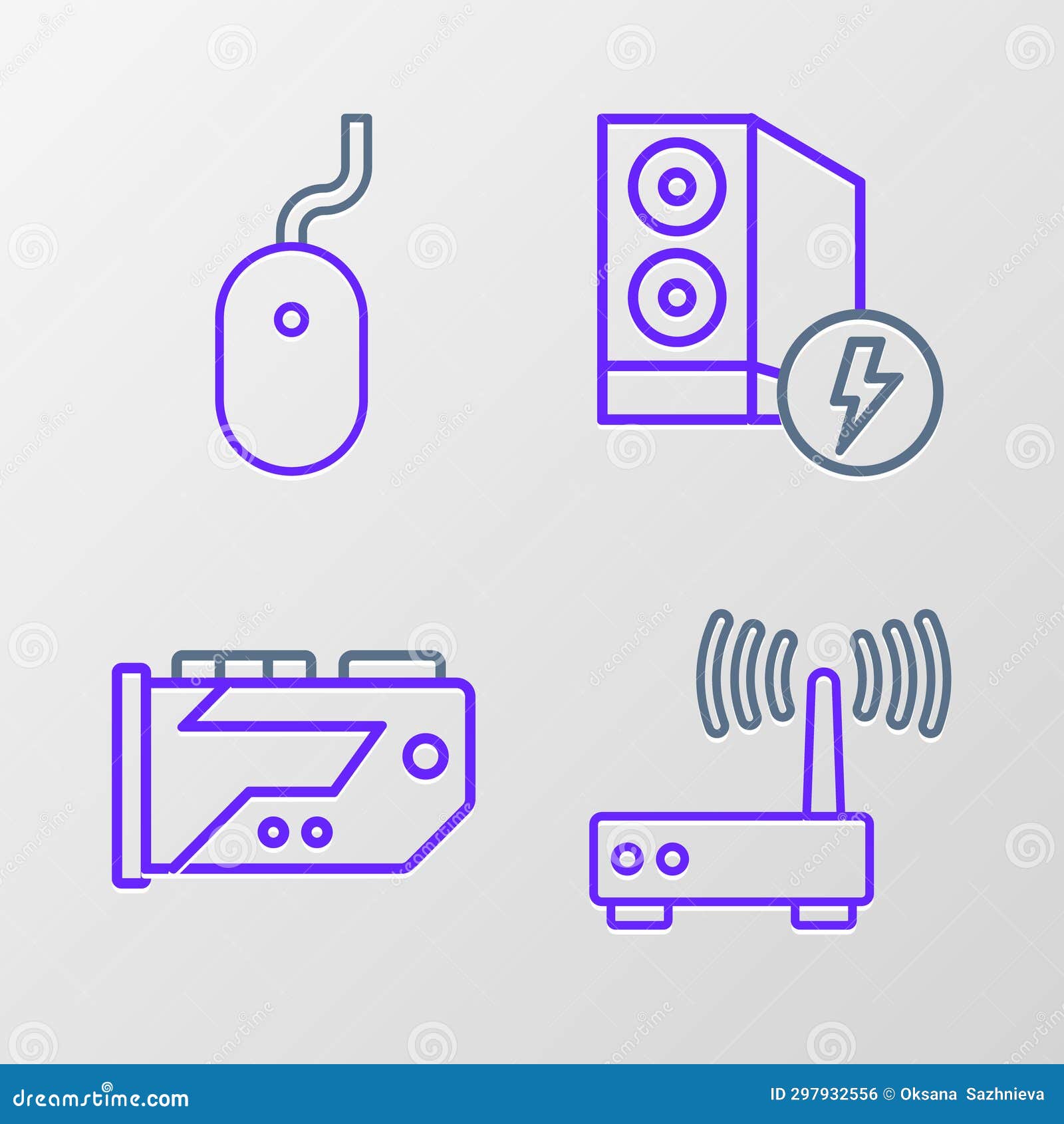 Set Line Router and Wi-fi Signal, Video Graphic Card, Case of Computer ...