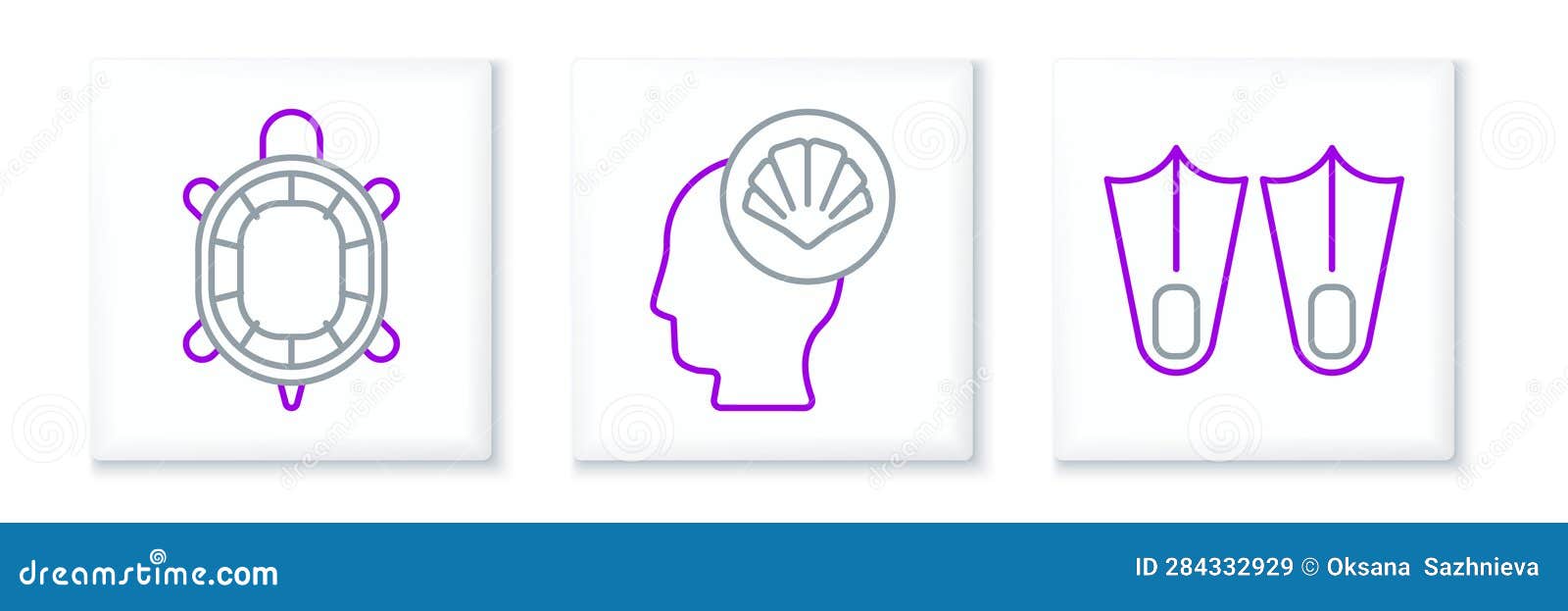 Set Line Rubber Flippers, Turtle and Scallop Sea Shell Icon. Vector ...