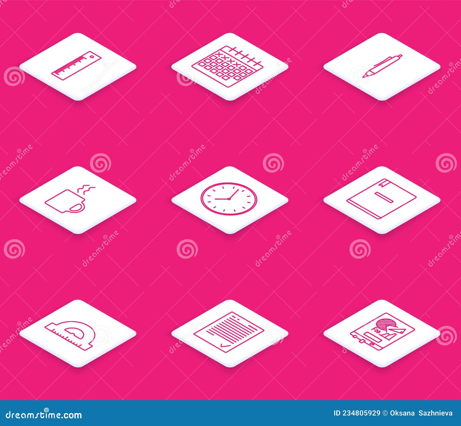 Set Line Ruler, Calendar, Pen, Coffee Cup, Clock, Notebook, Protractor ...