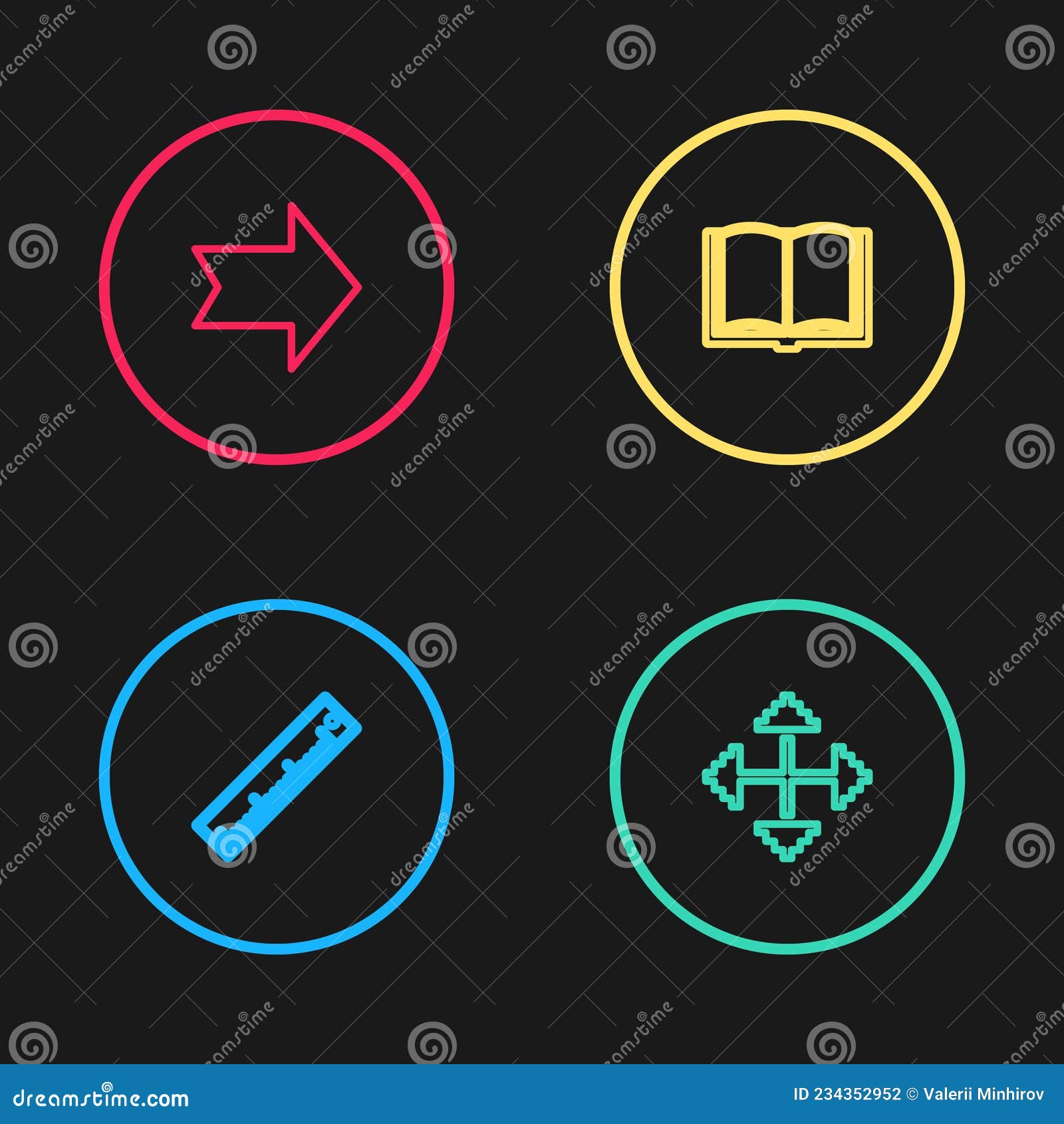 Set Line Ruler, Pixel Arrows in Four Directions, Open Book and Arrow ...