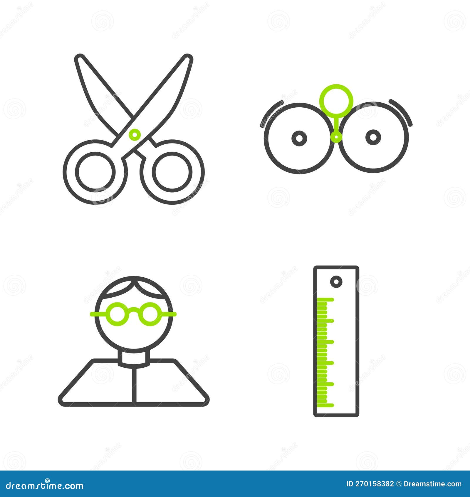 Set Line Ruler, Student, Ringing Alarm Bell and Scissors Icon. Vector ...