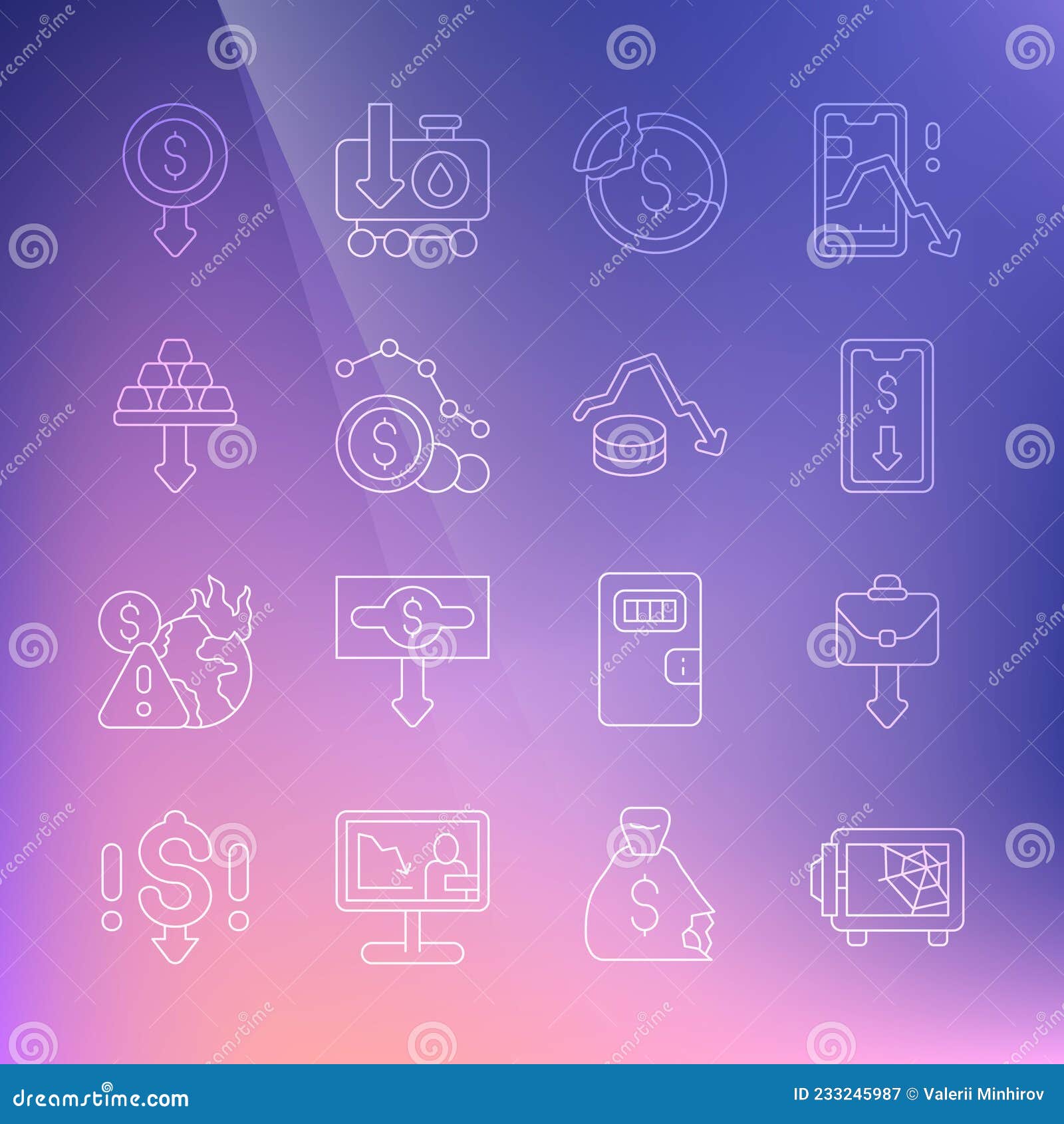 Set Line Safe, Briefcase, Mobile Stock Trading, Dollar Rate Decrease, Gold Bars, and Icon ...