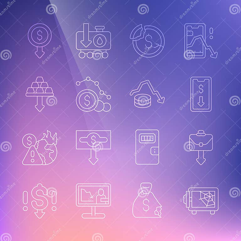 Set Line Safe, Briefcase, Mobile Stock Trading, Dollar Rate Decrease, Gold Bars, and Icon ...