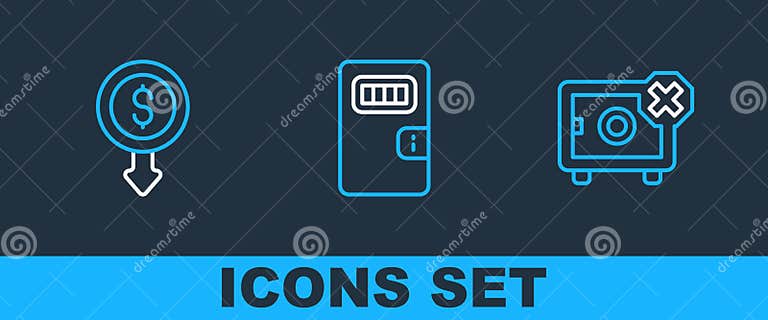 Set Line Safe, Dollar Rate Decrease and Prison Cell Door Icon. Vector Stock Illustration ...
