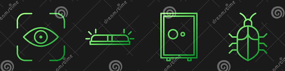 Set Line Safe Eye Scan Flasher Siren Y System Bug Concept. Iconos De ... Set Line Safe Eye Scan Flasher Siren Y System Bug Concept. Iconos De ...